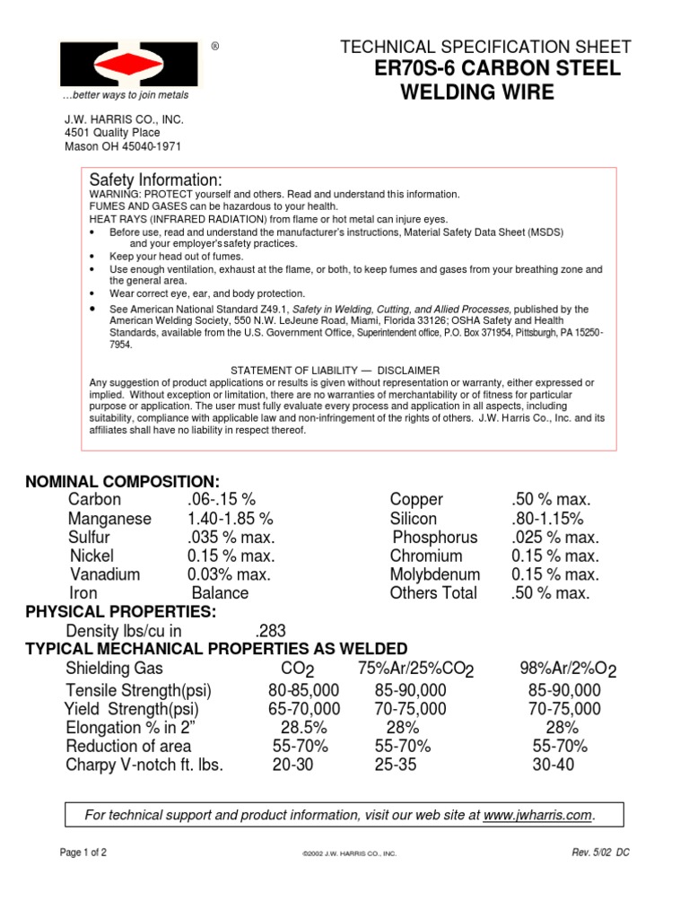 Er70S-6 Carbon Steel Welding Wire: Technical Specification Sheet | PDF | Materials | Chemistry