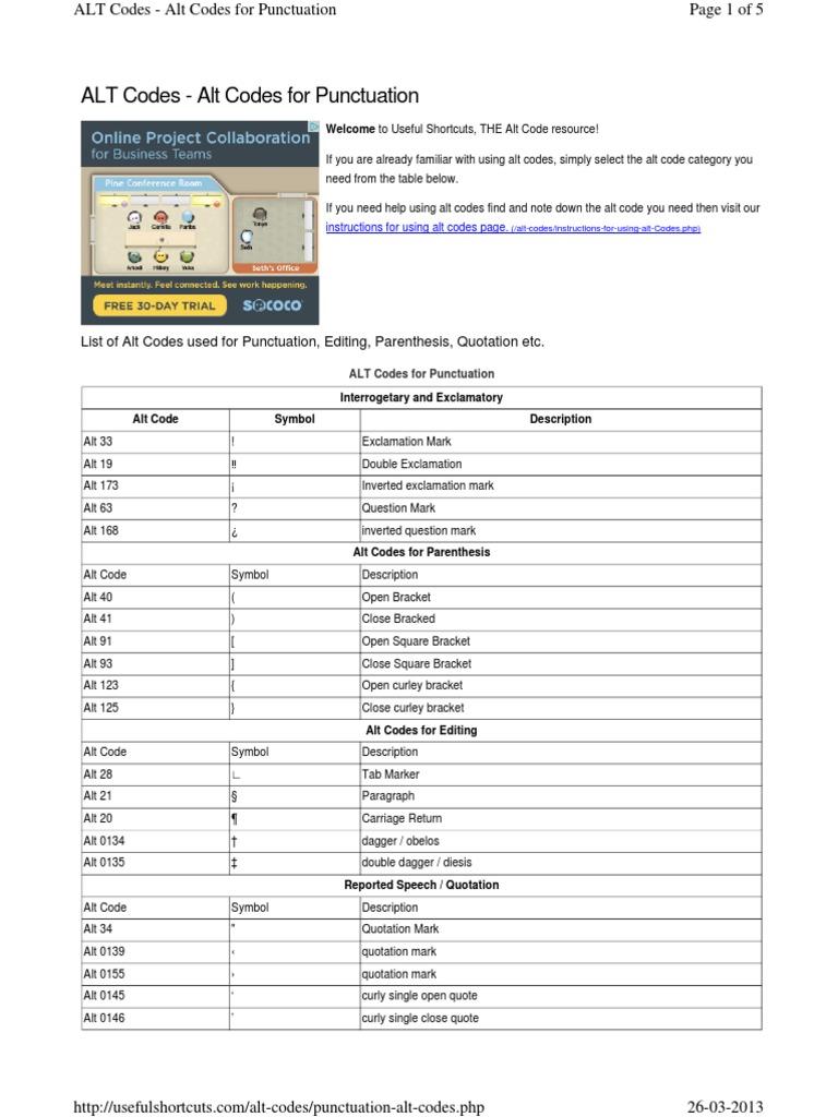 Alt Codes for Punctuation Symbols | PDF | Encodings | Text