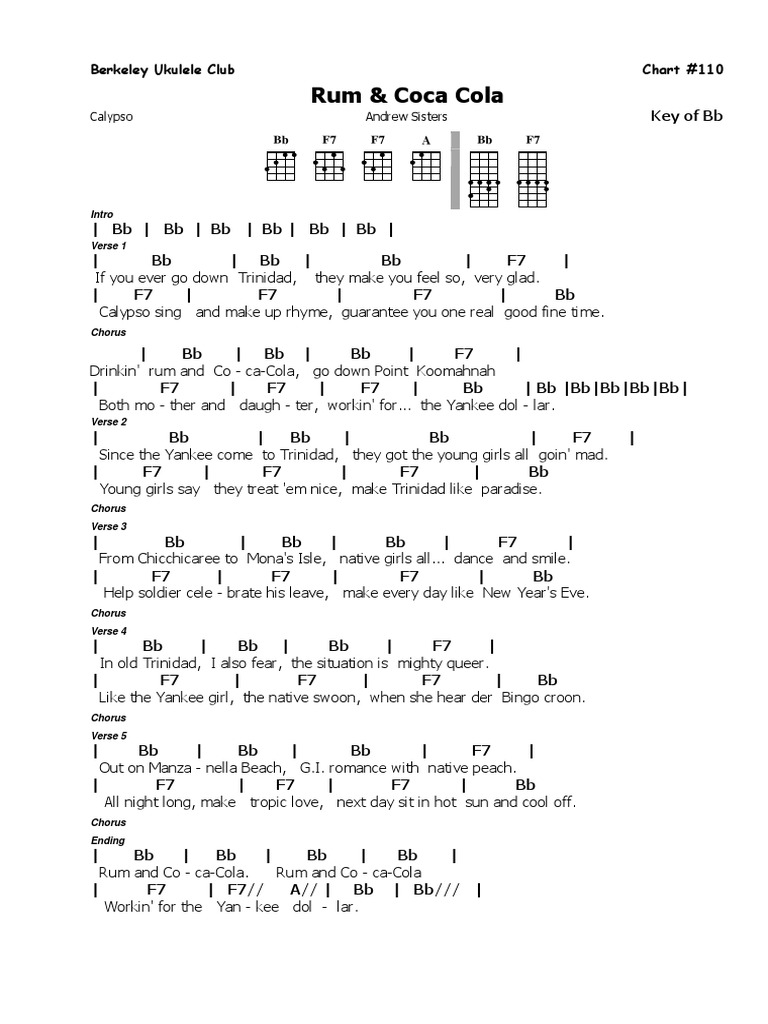 Rum & Coca Cola: Berkeley Ukulele Club Chart #110 | PDF | Leisure ...