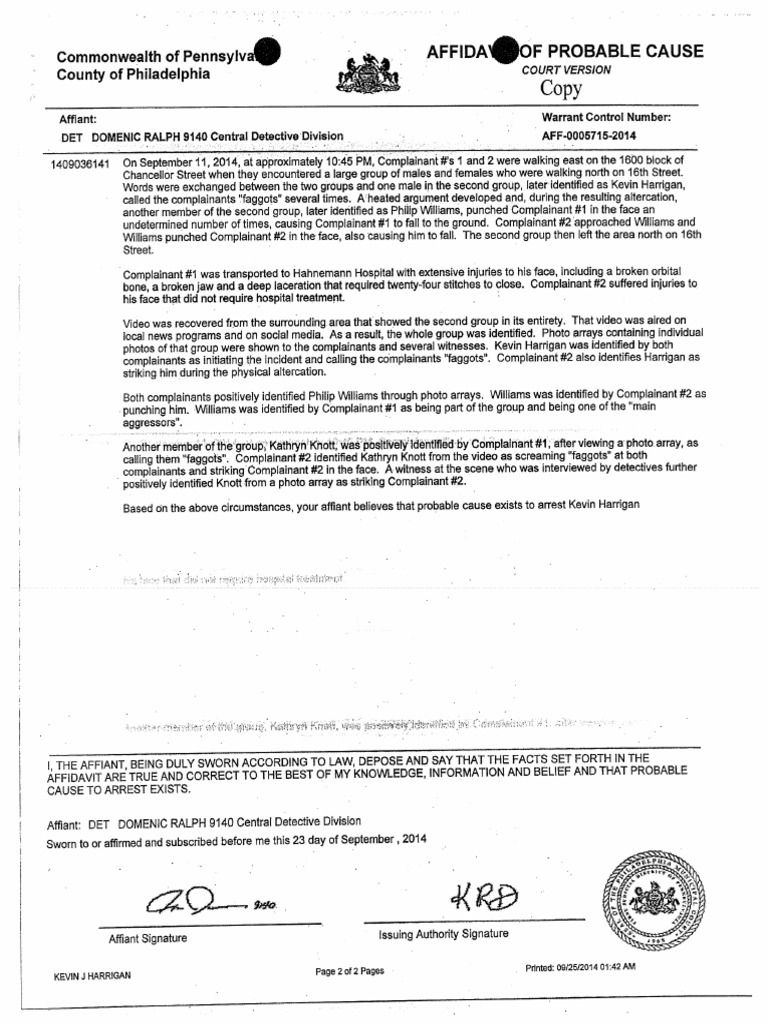 Affidavit of Probable Cause, Harrigan/Williams/Knott, 9/23/14 | PDF ...