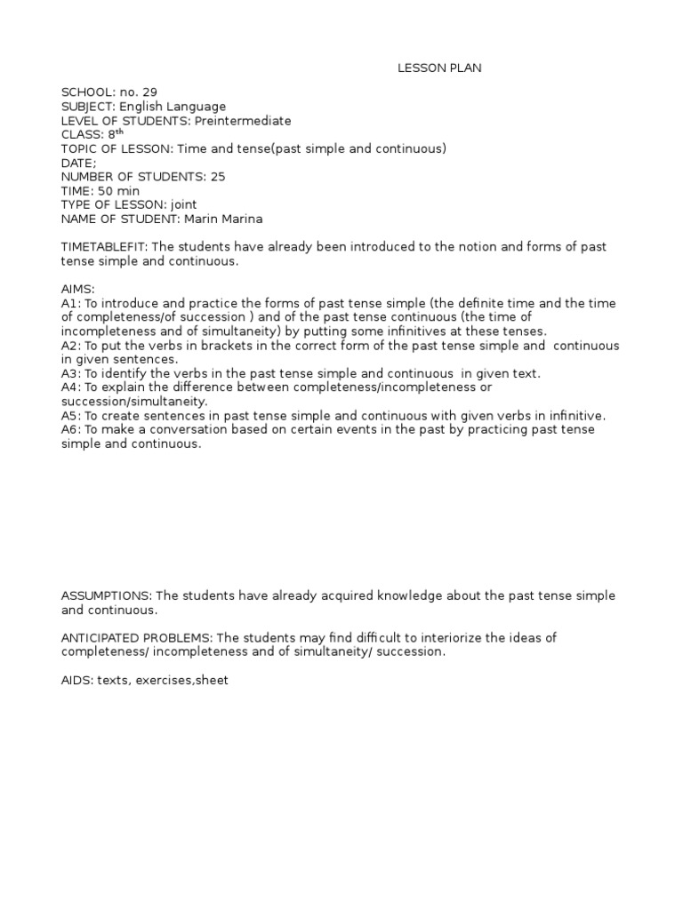 Lesson Plan. Time and Tense (Past Simple and Continuous) | PDF ...