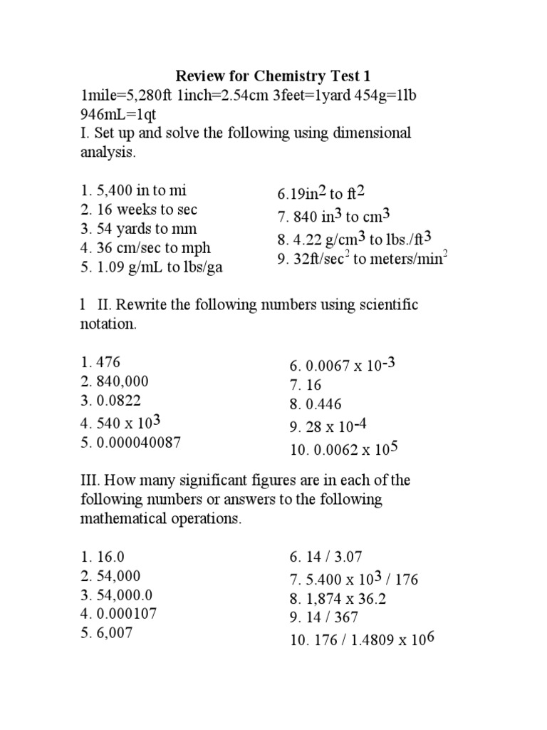 Chemistry Test 1 Review Guide | PDF