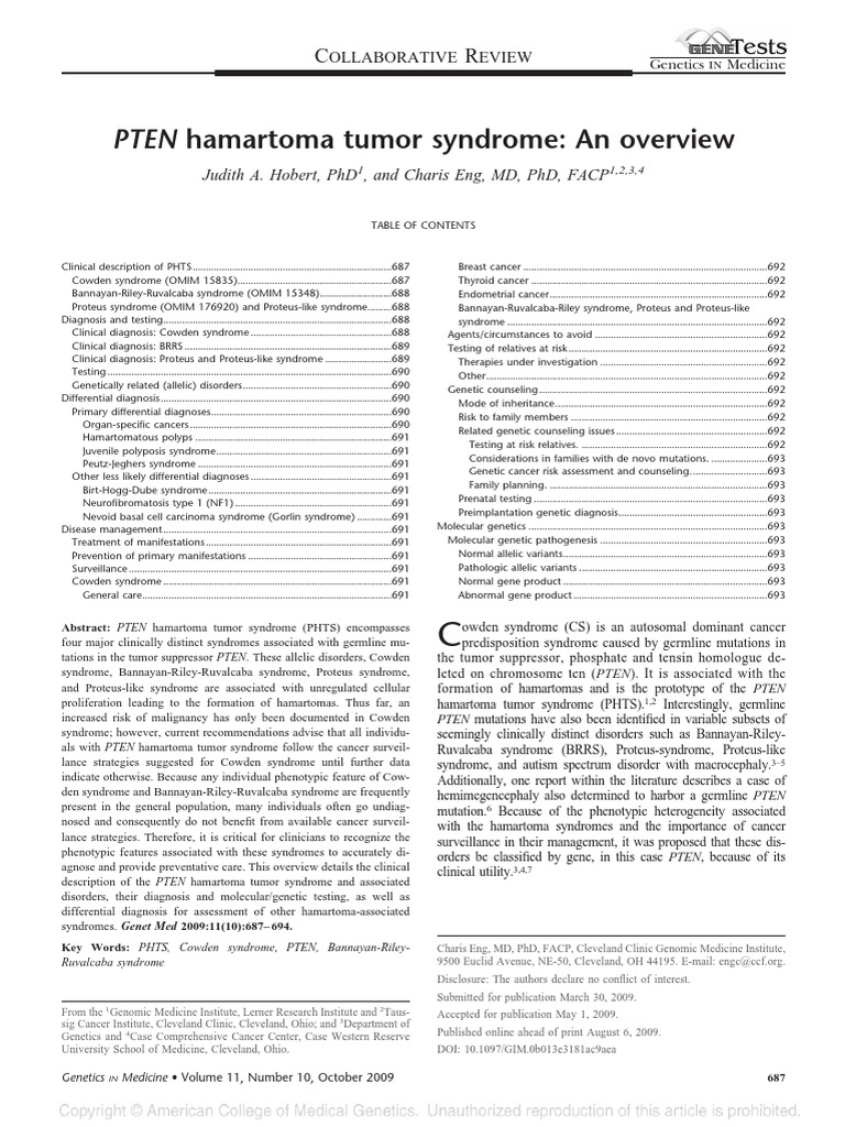 Pten Hamartoma Tumor Syndrome: An Overview: Judith A. Hobert, PHD, and ...