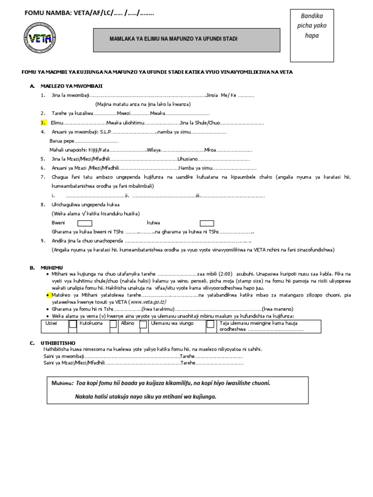 2015 Application Form For VETA Institution | PDF