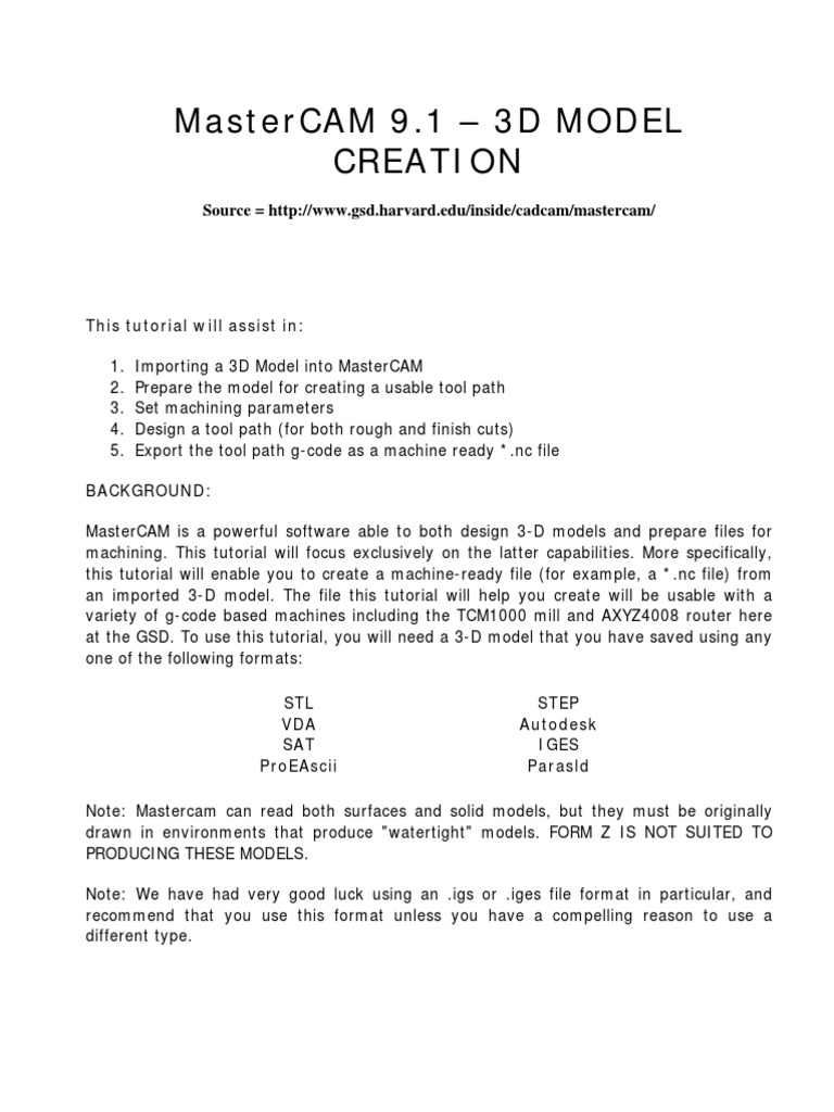 MasterCAM 9.1: 3D Model Toolpath Guide | PDF | Machining | Software
