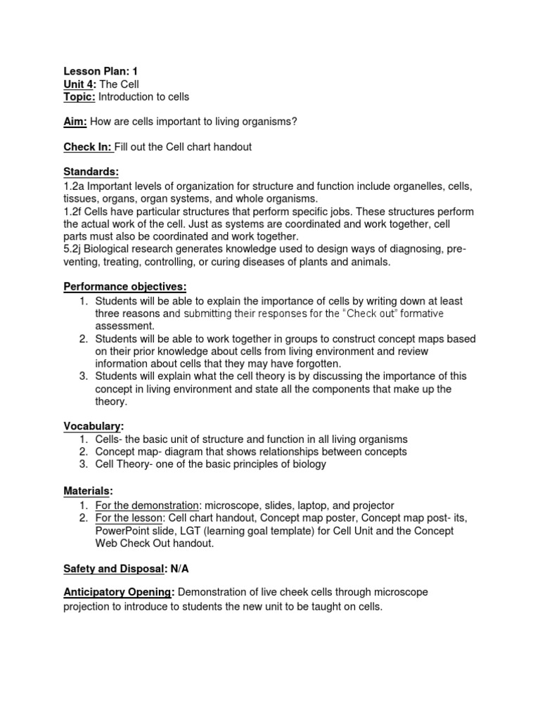 Lesson Plan 1 Cell Unit Edit | PDF | Theory | Lesson Plan