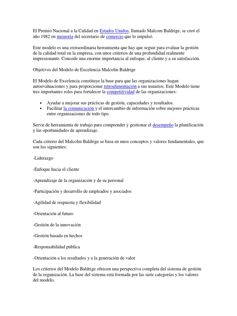 Modelo de Excelencia Malcolm Baldrige | PDF | Calidad (comercial ...