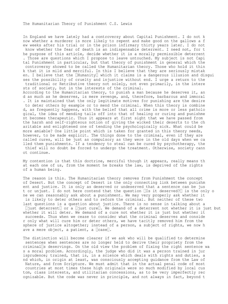 The Humanitarian Theory of Punishment C.S. Lewis | PDF ...