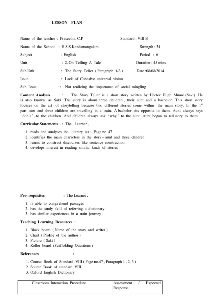 Lesson Plan. The Story Teller Is A Short Story Written by Hector Hugh ...