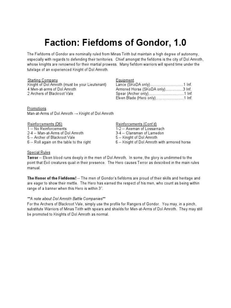 Faction Fiefdoms of Gondor | PDF | Knight | Middle Earth