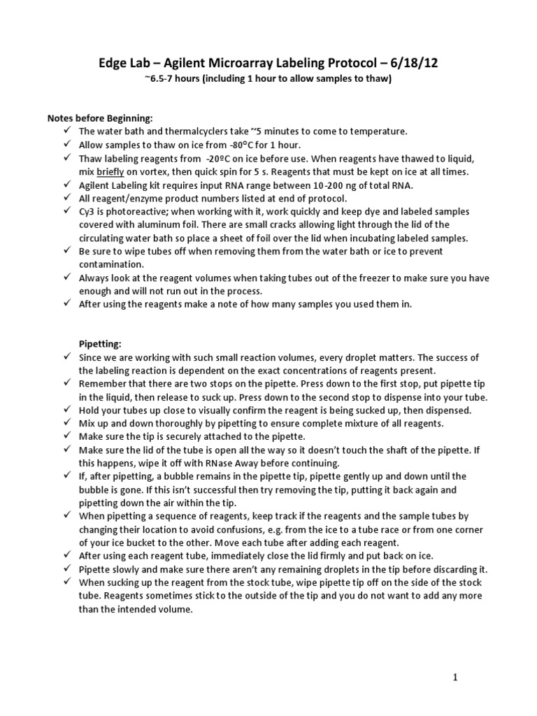 Edge Lab - Agilent Microarray Labeling Protocol - 6/18/12: 6.5-7 Hours (Including 1 Hour To ...