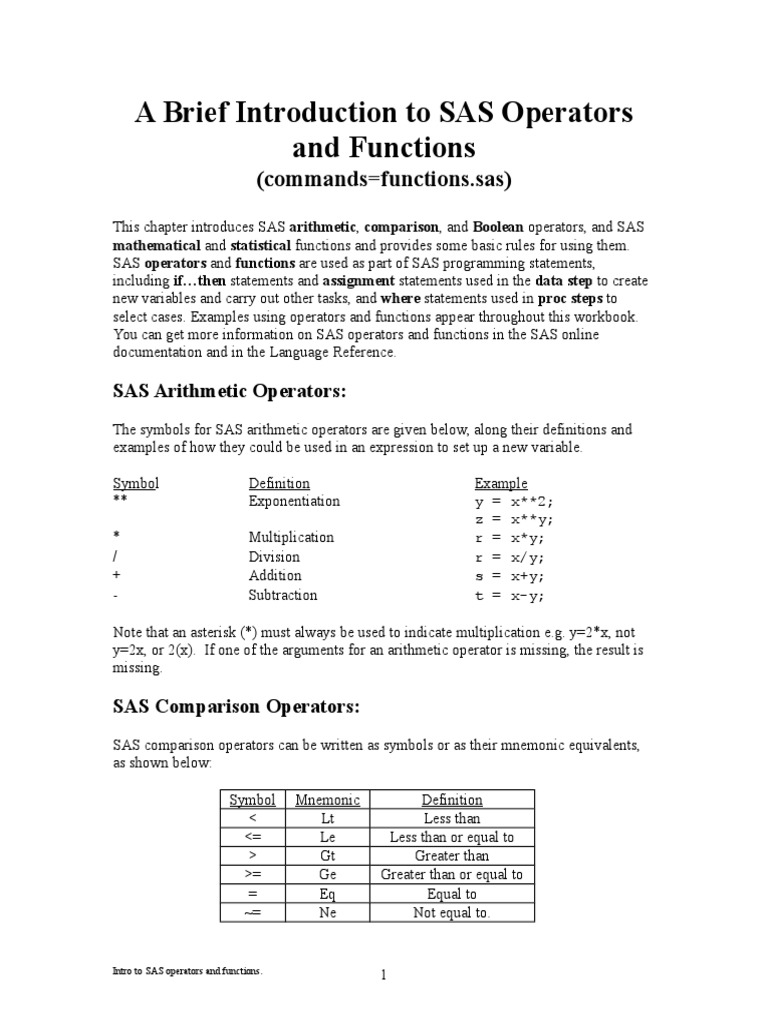A Brief Introduction To SAS Operators and Functions | PDF | Sas ...
