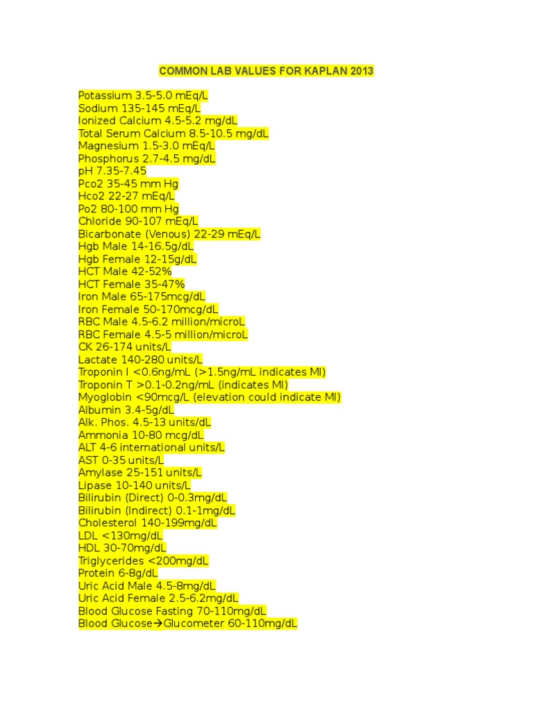 Pharm - Common Lab Values For NCLEX Kaplan 2013 | PDF | Magnesium ...