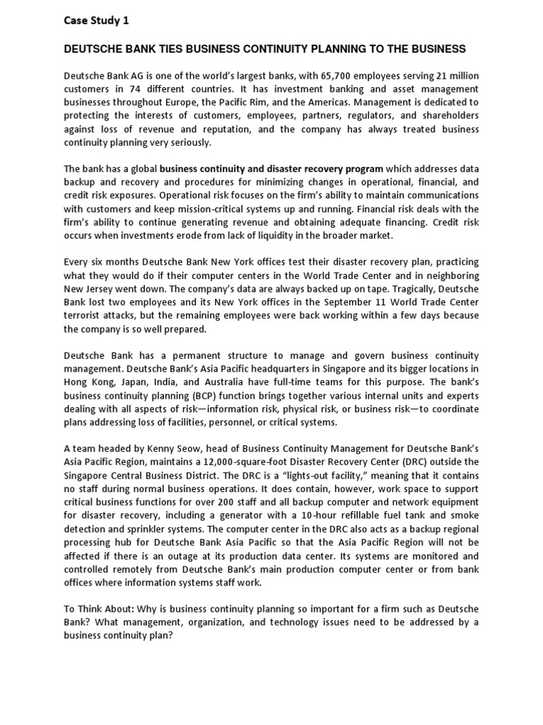 Case Study | PDF | Business Continuity | Deutsche Bank