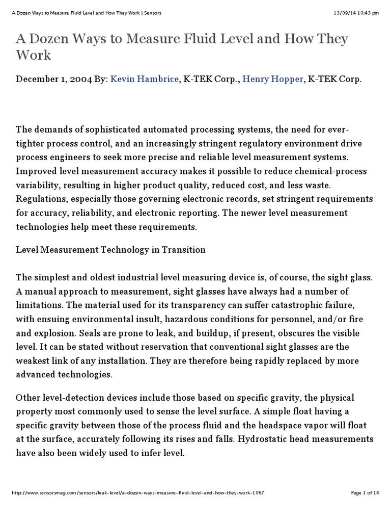 A Dozen Ways To Measure Fluid Level and How They Work - Sensors | PDF ...
