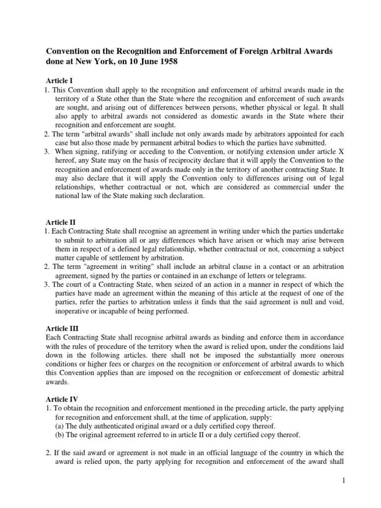 NewYorkConvention 1958 | PDF | Arbitration | Ratification