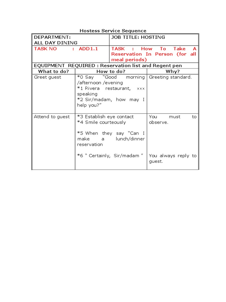 Hostess Service Sequence | PDF | Hospitality Industry | Gastronomy