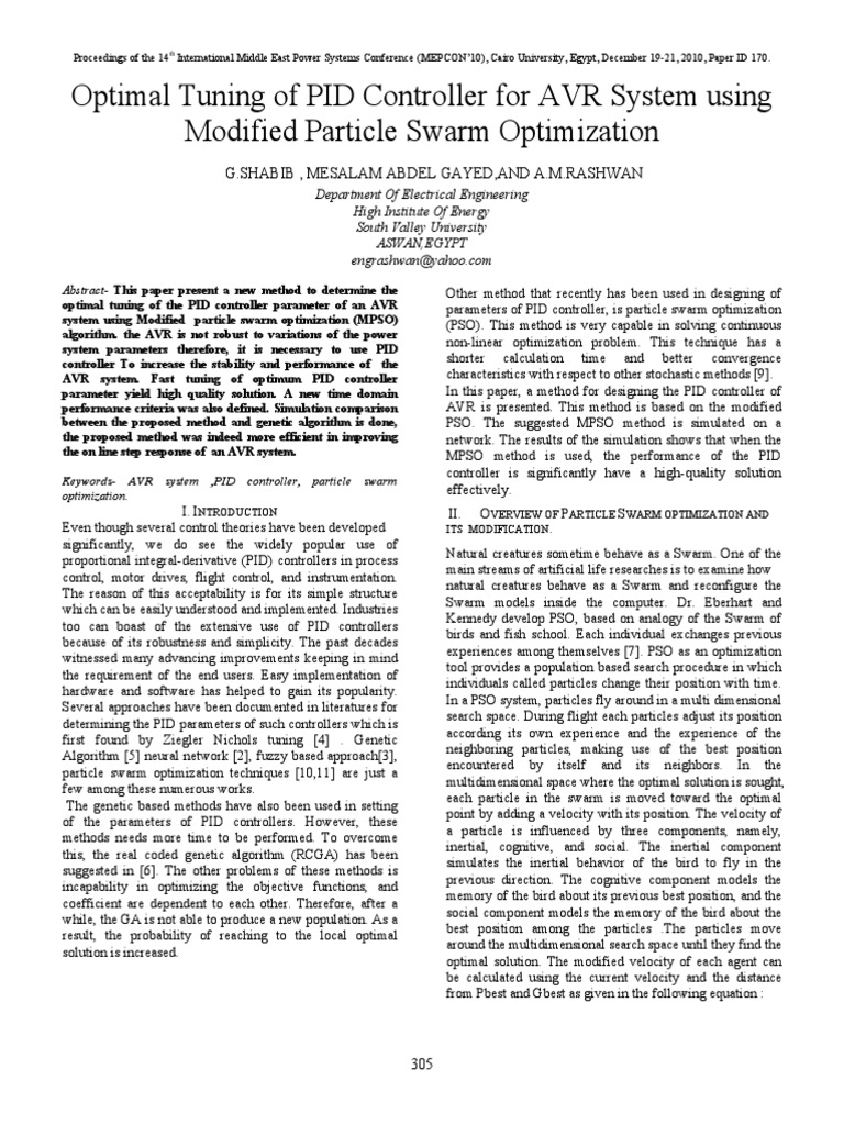Optimal Tuning Of Pid Controller For Avr System Using Modified Pso Pdf Control Theory