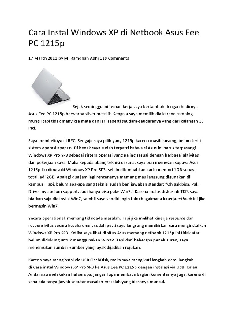 Instal Windows XP di Asus Eee PC 1215p | PDF | USB Flash Drive ...