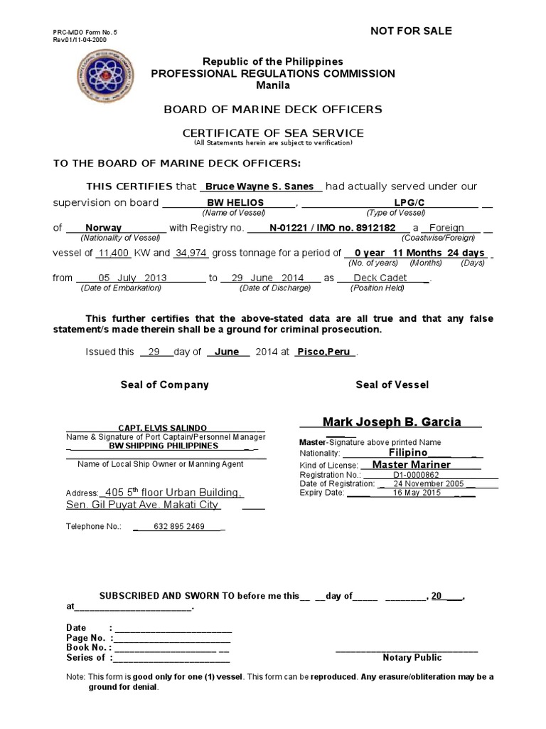 Certificate of Sea Service - Deck - NEW - Sanes | PDF | Water Transport ...