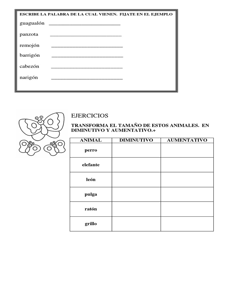 Ejercicios Diminutivo - Aumentativo | PDF