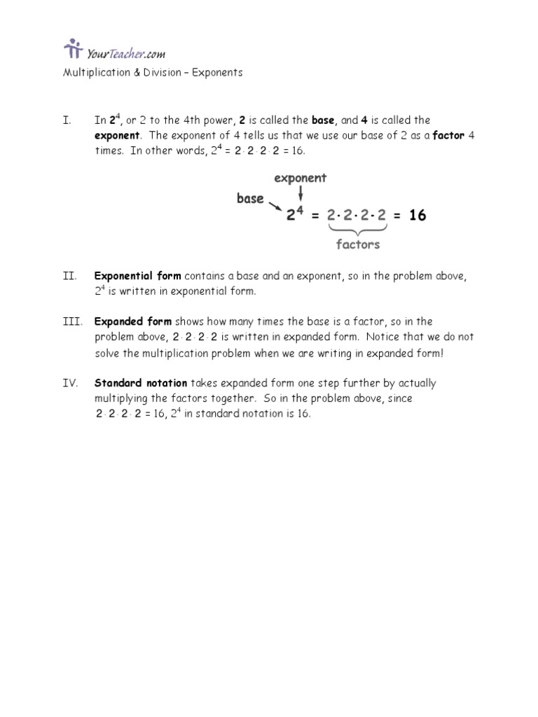 Exponent. The Exponent of 4 Tells Us That We Use Our Base of 2 As A ...
