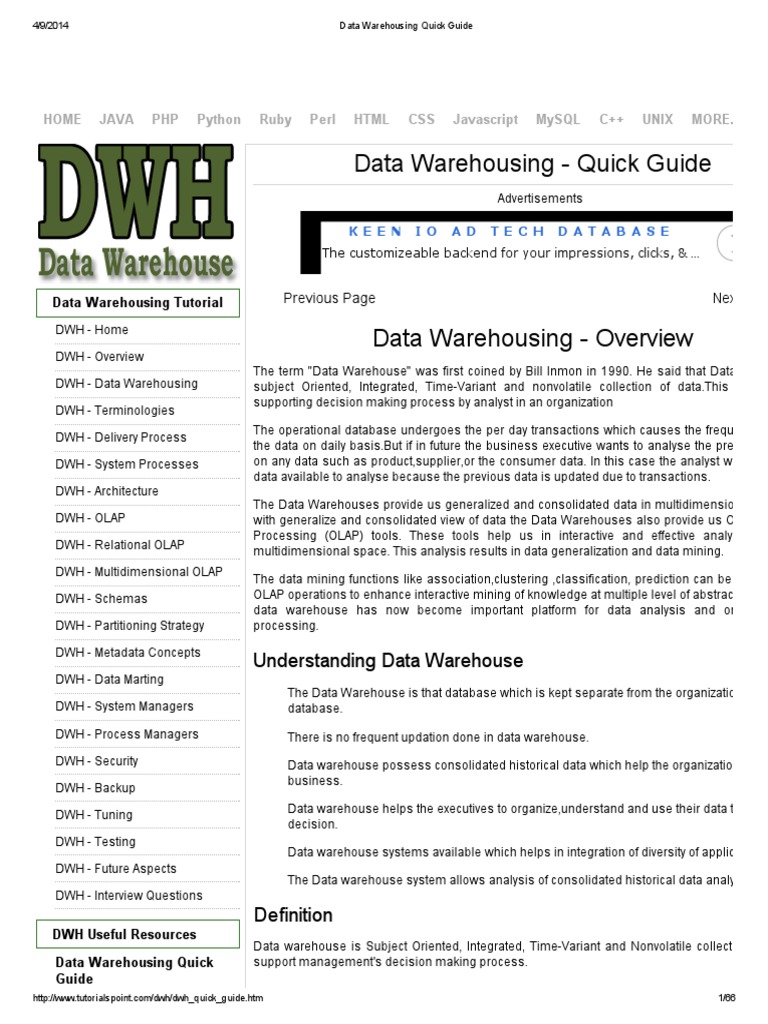 Data Warehousing Quick Guide | PDF | Data Warehouse | Metadata