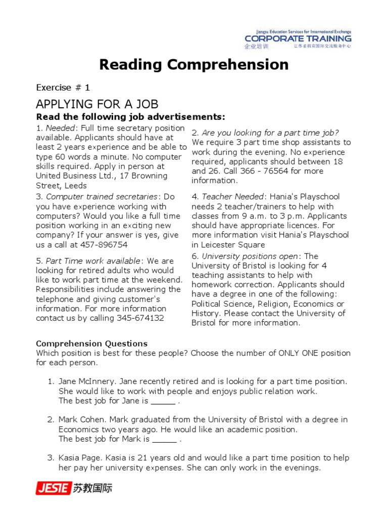 Reading Comprehension: Applying For A Job | PDF | Reading Comprehension ...