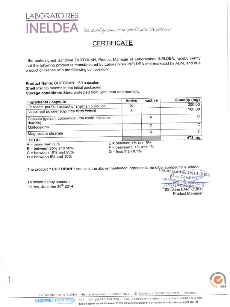 Composition Certificate - CHITOSAN | PDF