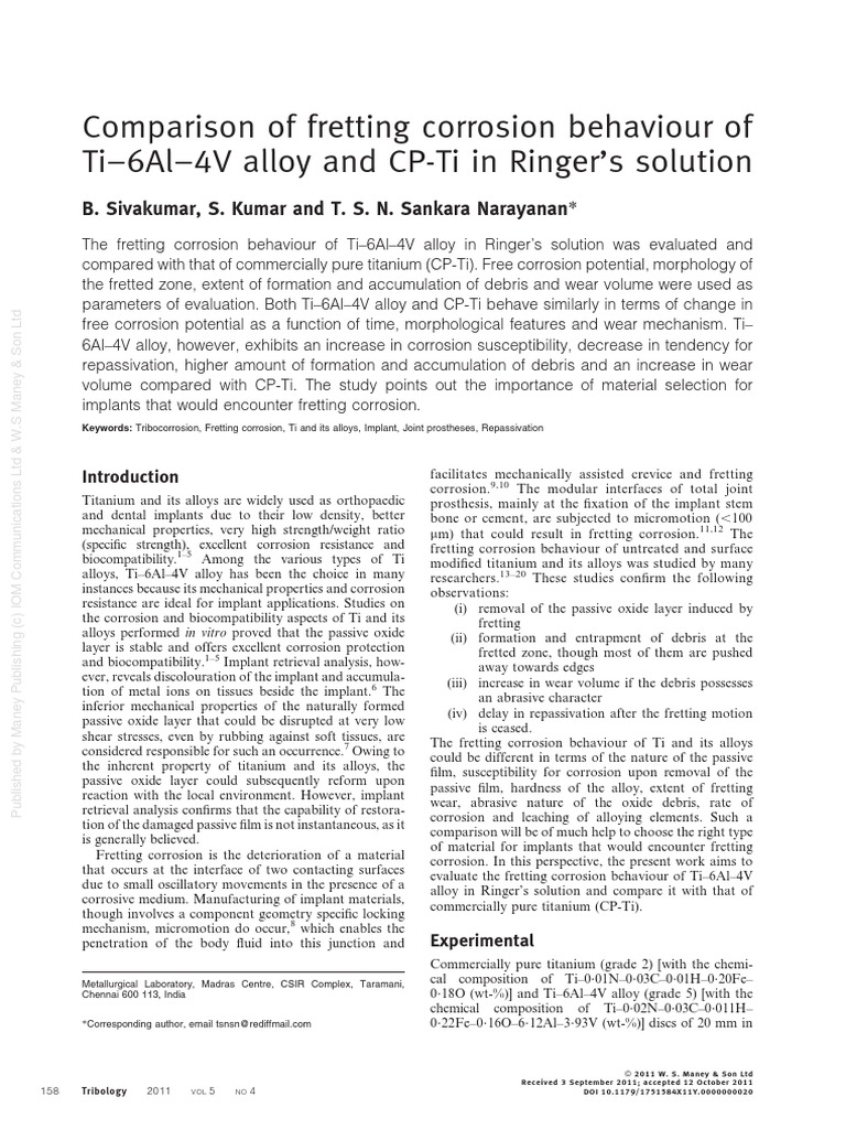 Comparison of Fretting Corrosion Behaviour of | PDF | Titanium | Corrosion
