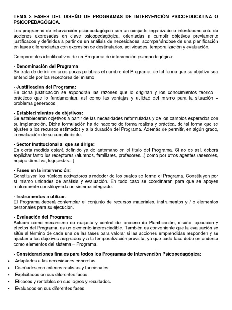 Tema 3 Fases Del Diseño de Programas de Intervención Psicoeducativa o Psicopedagógica | PDF ...
