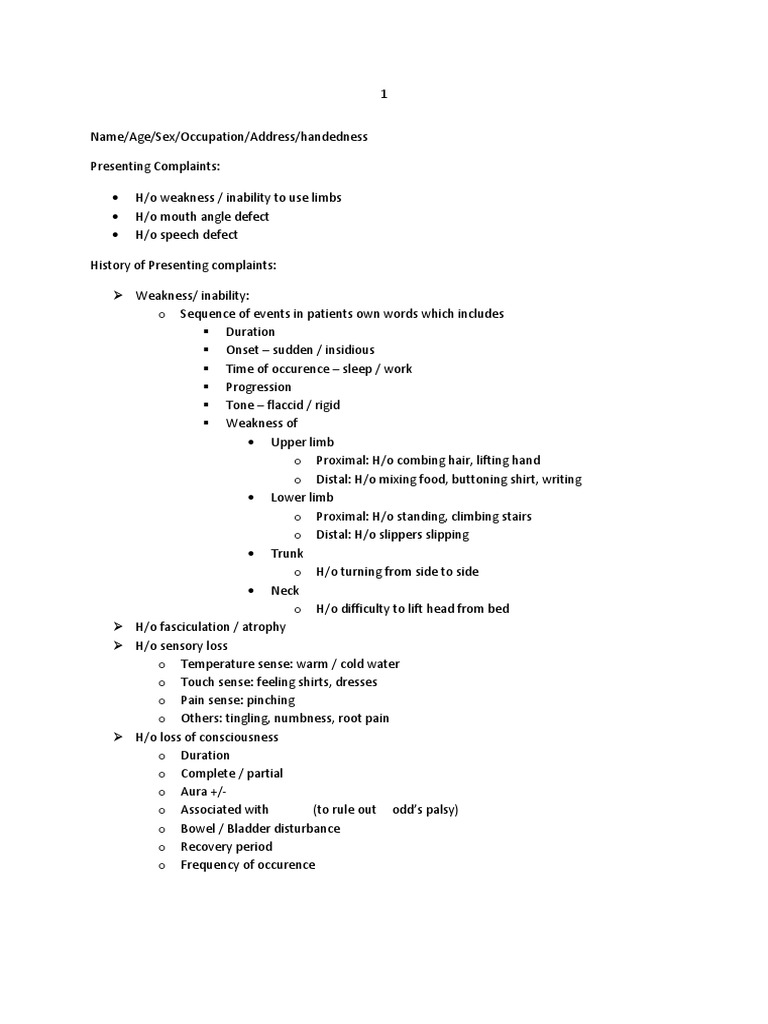 Case Taking Proforma - Central Nervous System | PDF | Anatomical Terms Of Motion | Diseases And ...