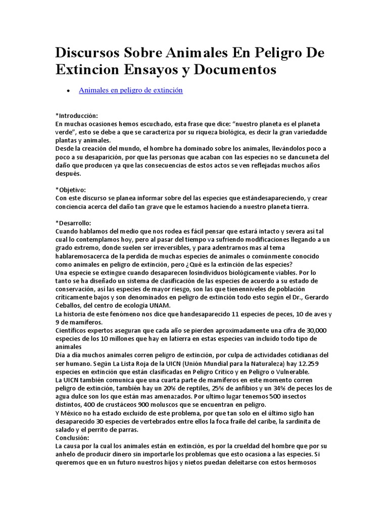 Discursos Sobre Animales en Peligro de Extincion Ensayos y Documentos