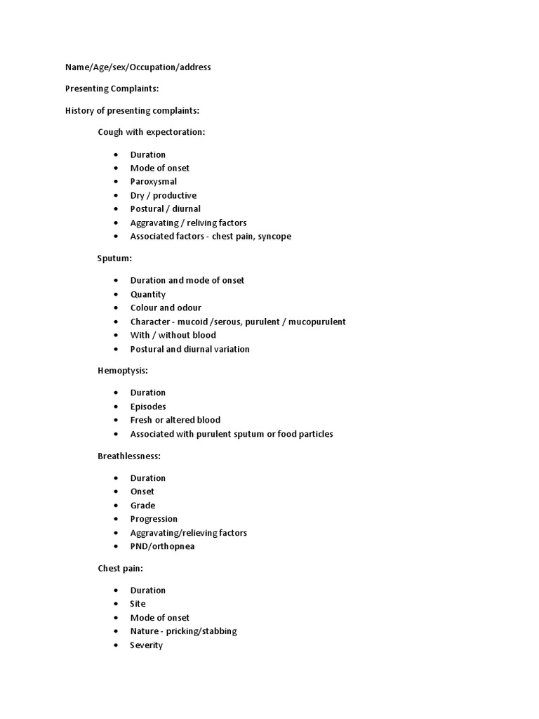Case Taking Proforma - Respiratory System | PDF | Respiratory Diseases ...