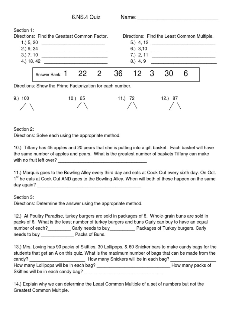 GCF and LCM Quiz for Grade 6 | PDF | Teaching Methods & Materials ...