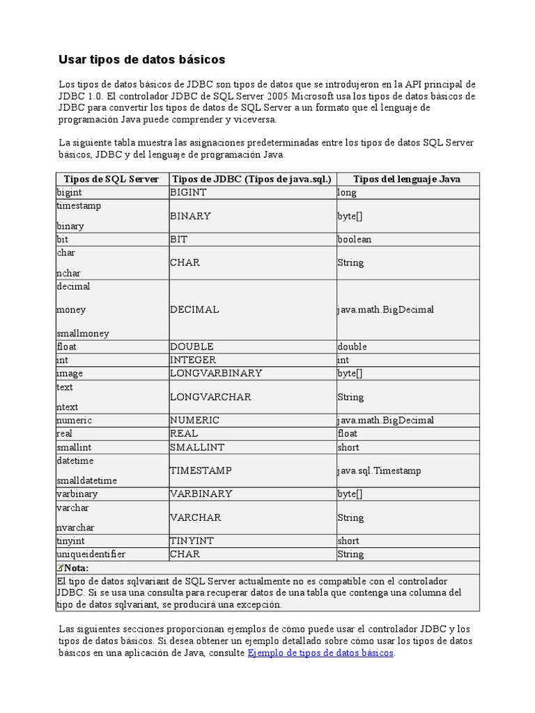 Tipos de Datos Equivalentes Entre SQL Server y Java | PDF | SQL ...