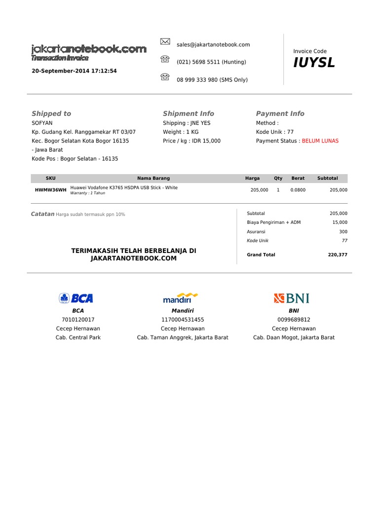 Invoice for JNE Shipment to Ranggamekar | PDF | Business | Finance ...