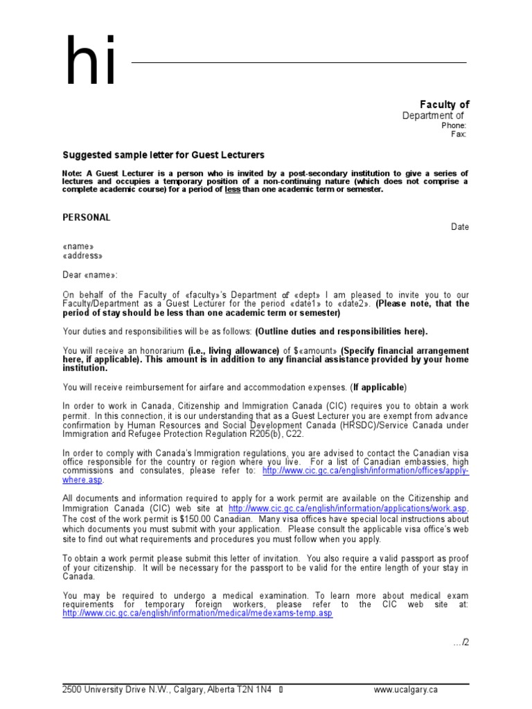 Sample Letter Guest Lecturer PDF Travel Visa Government