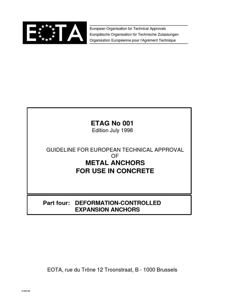 ETAG No 001: Edition July 1998 | PDF | Strength Of Materials | Concrete