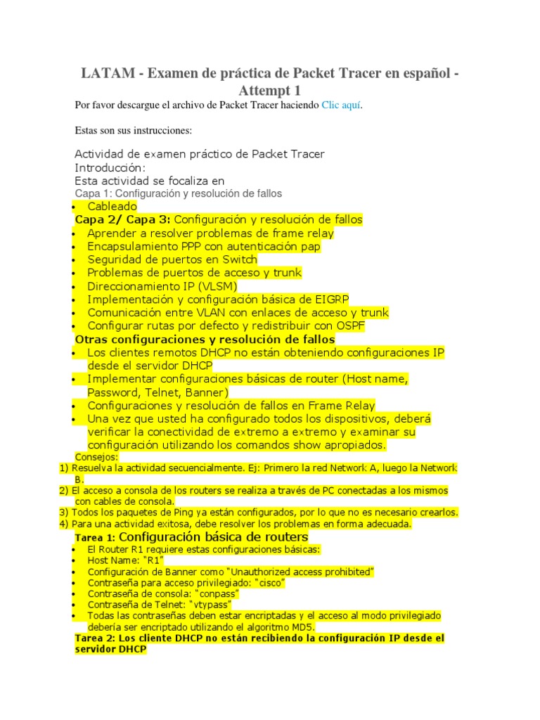 LATAM - Examen de Práctica de Packet Tracer en Español | Descargar gratis PDF | Enrutador ...
