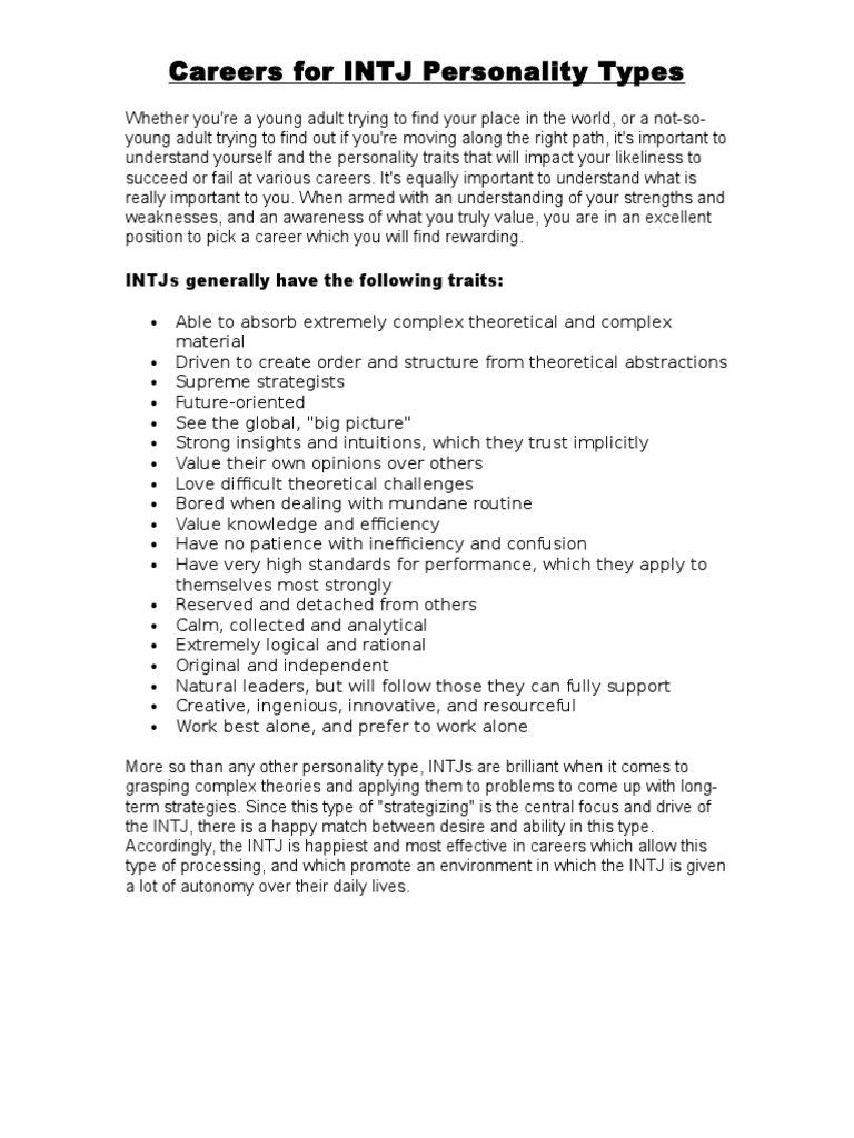 Best Careers for INTJ Personality | PDF