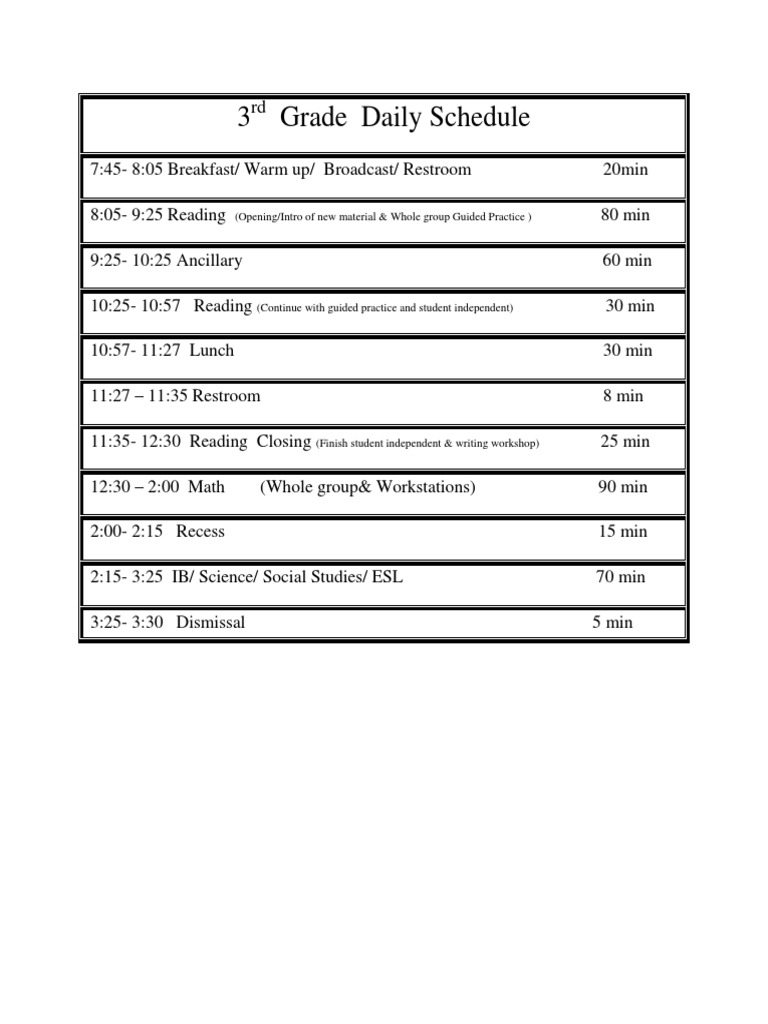 3rd Grade Daily Schedule Overview | PDF | Foreign Language Studies ...