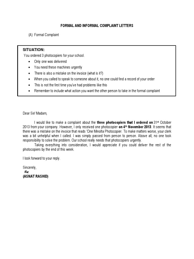 Formal and Informal Complaint Letters