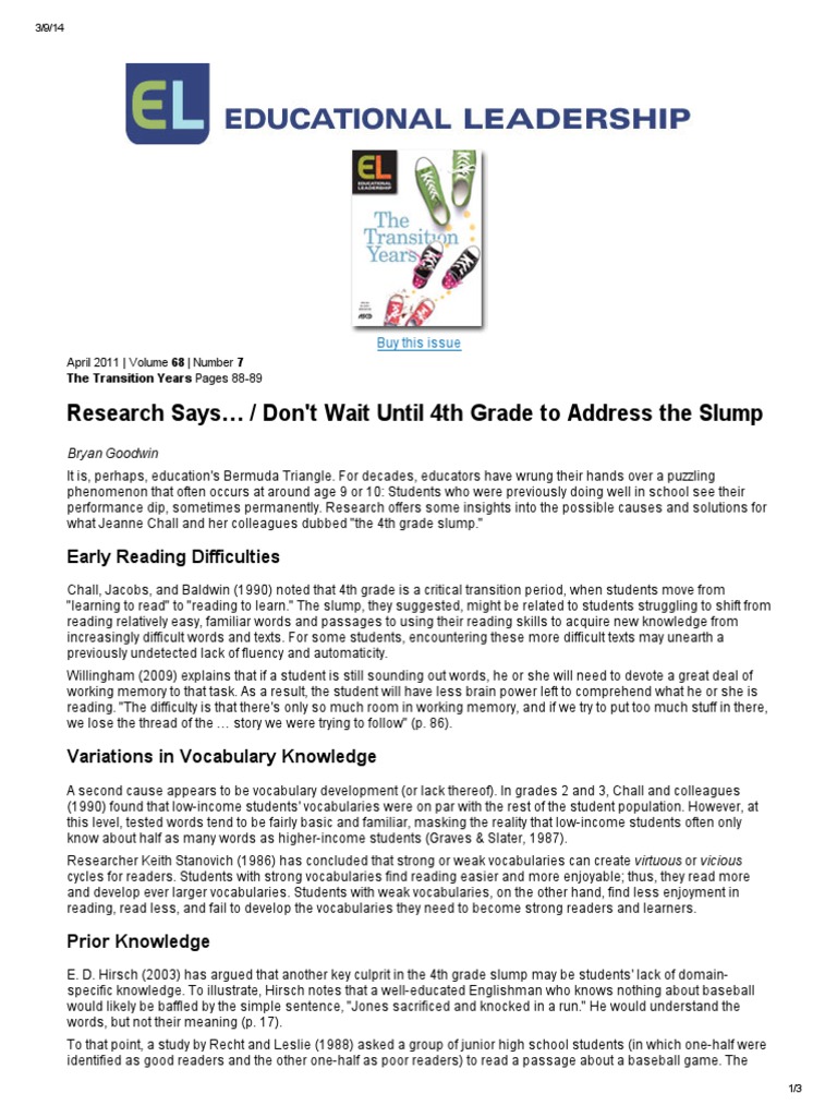 Fourth Grade Slump | PDF | Vocabulary | Reading (Process)