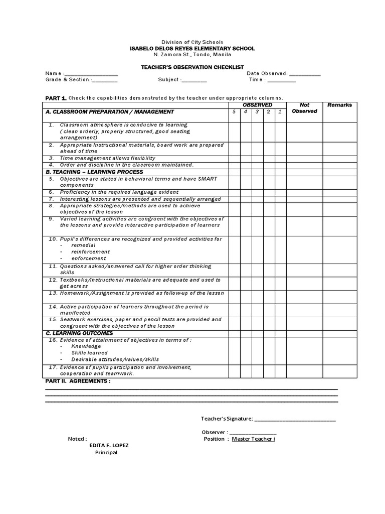 Observation Form | PDF | Classroom | Teachers