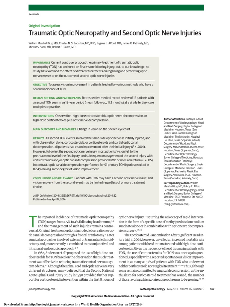 Traumatic Optic Neuropathy and Second Optic Nerve Injuries: Original ...