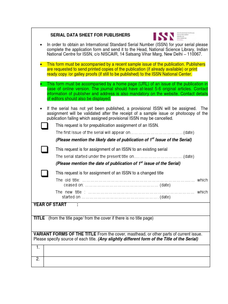Serial Data Sheet For Publishers: (Please Mention The Likely Date of ...