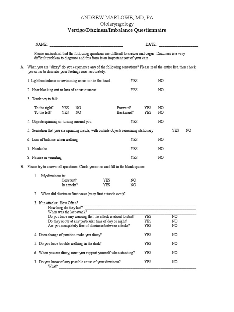 Vertigo/Dizziness/Imbalance Questionnaire: Andrew Marlowe, MD, Pa ...