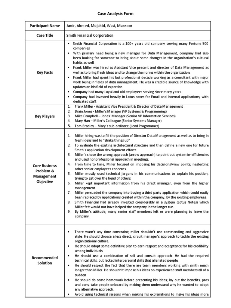 Case Analysis Form 2 - Smith Financial | Employment | Psychological ...