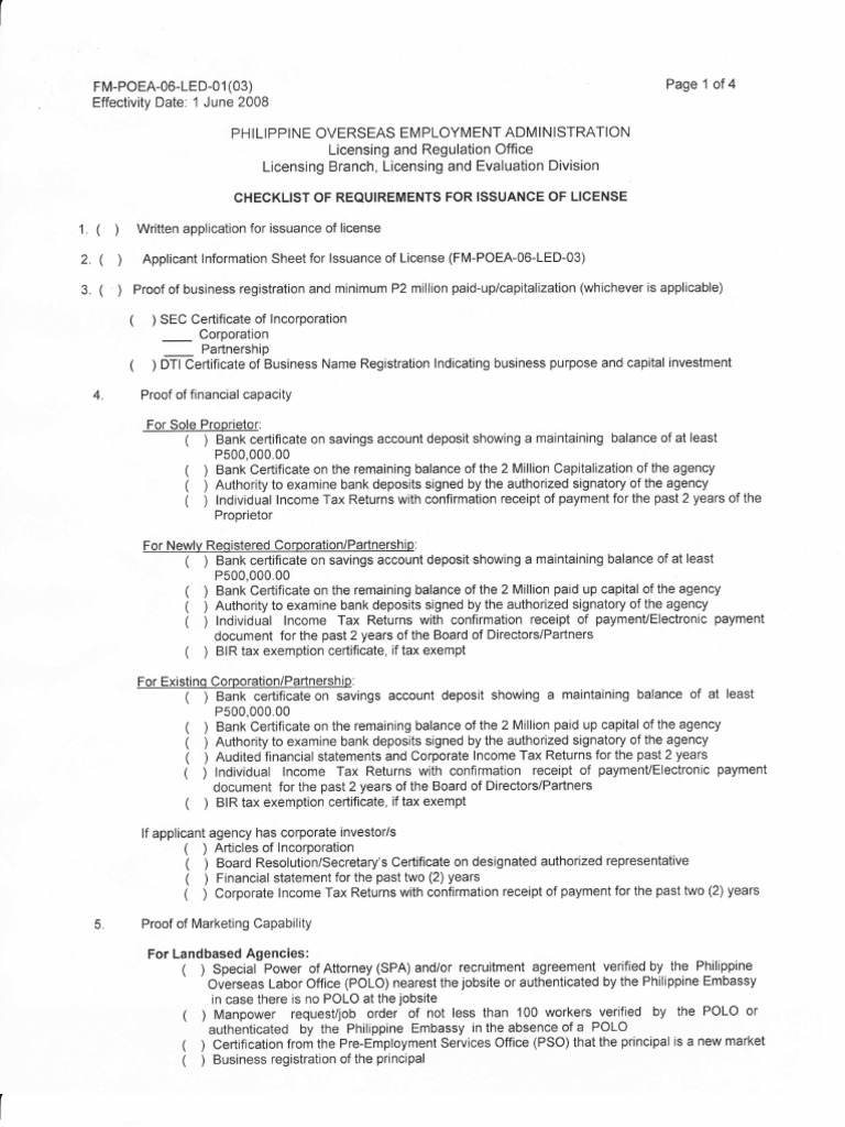 Checklist of Requirements For Issuance of Poea License | PDF ...